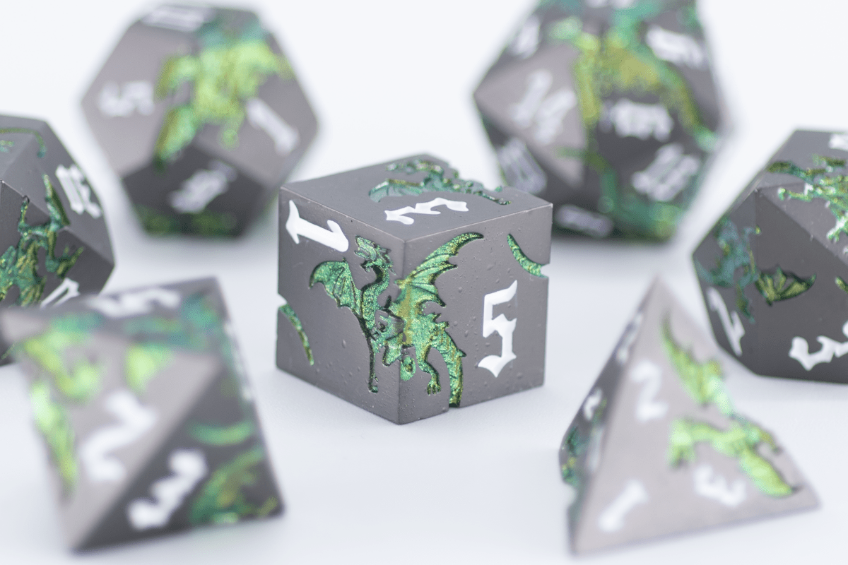 Green Flying Dragon Dnd Metal Dice Set