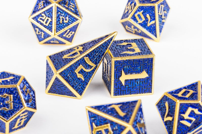 Labyrinth Blue Gold Dnd Metal Dice Set